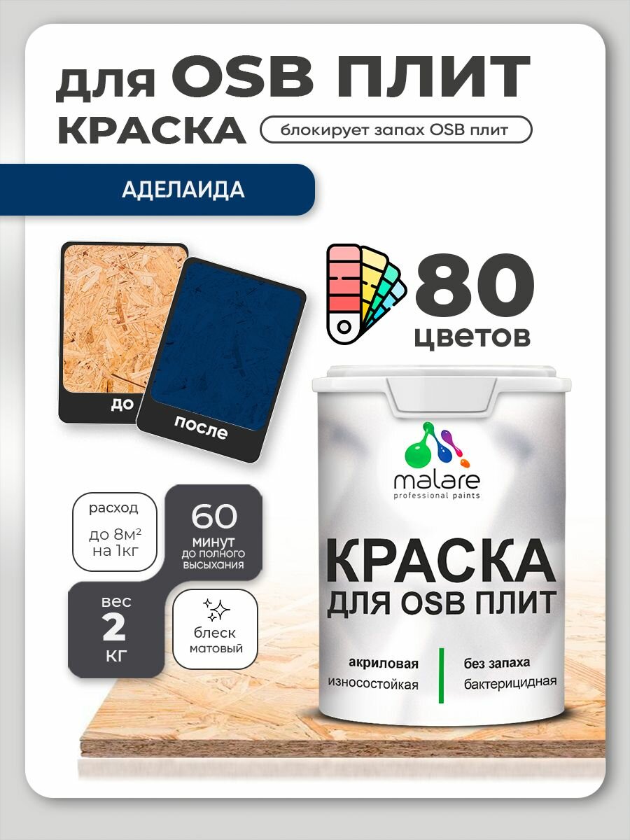 Акриловая краска для ОСБ плит Malare для дерева для наружных и внутренних работ, быстросохнущая без запаха матовая, аделаида, 2 кг