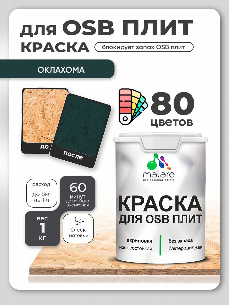 Акриловая краска для ОСБ плит Malare для дерева для наружных и внутренних работ, быстросохнущая без запаха матовая, оклахома, 1 кг