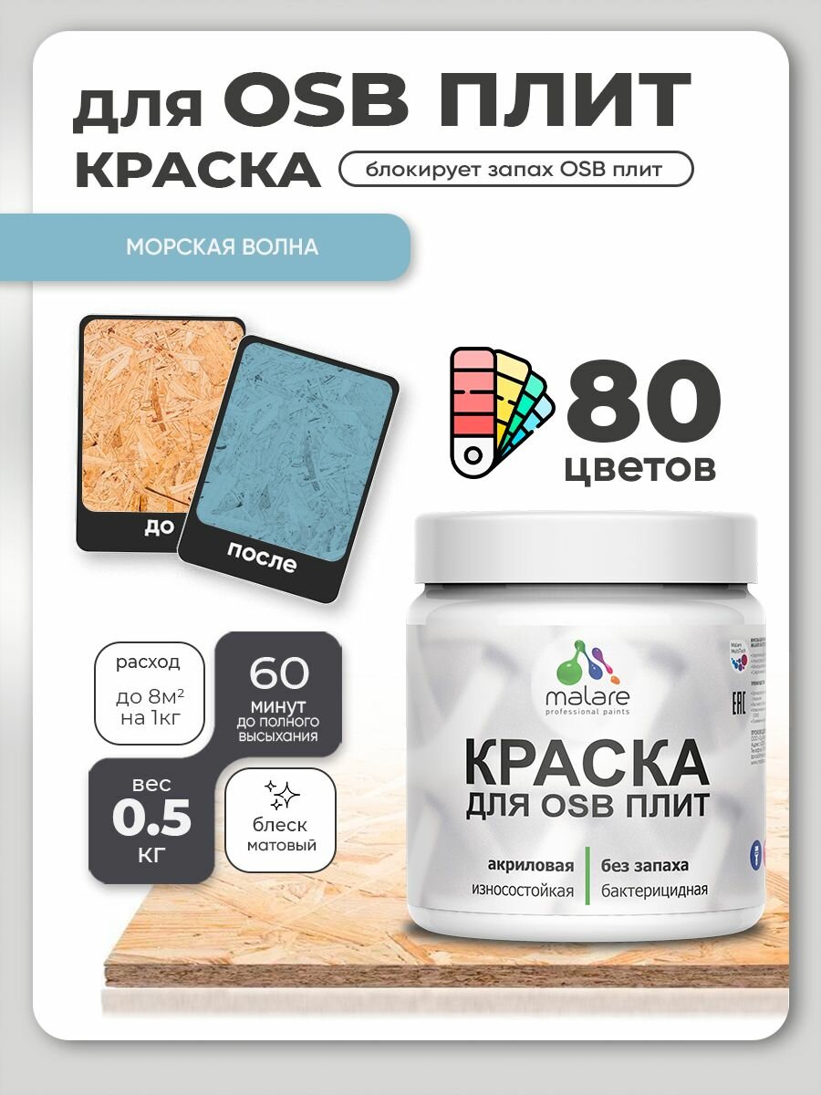 Акриловая краска для ОСБ плит Malare для дерева для наружных и внутренних работ, быстросохнущая без запаха матовая, морская волна, 0.5 кг