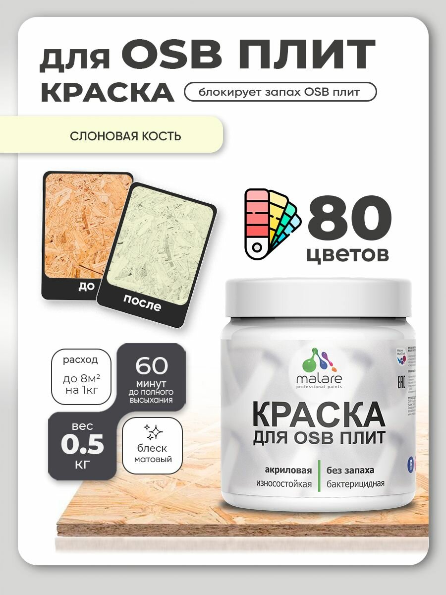 Акриловая краска для ОСБ плит Malare для дерева для наружных и внутренних работ, быстросохнущая без запаха матовая, слоновая кость, 0.5 кг