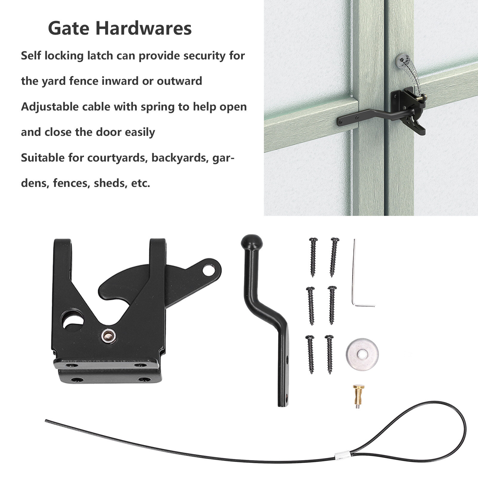 Замок для железного забора, самоблокирующаяся защелка для ворот с регулируемым тросом для сада, двора, двора