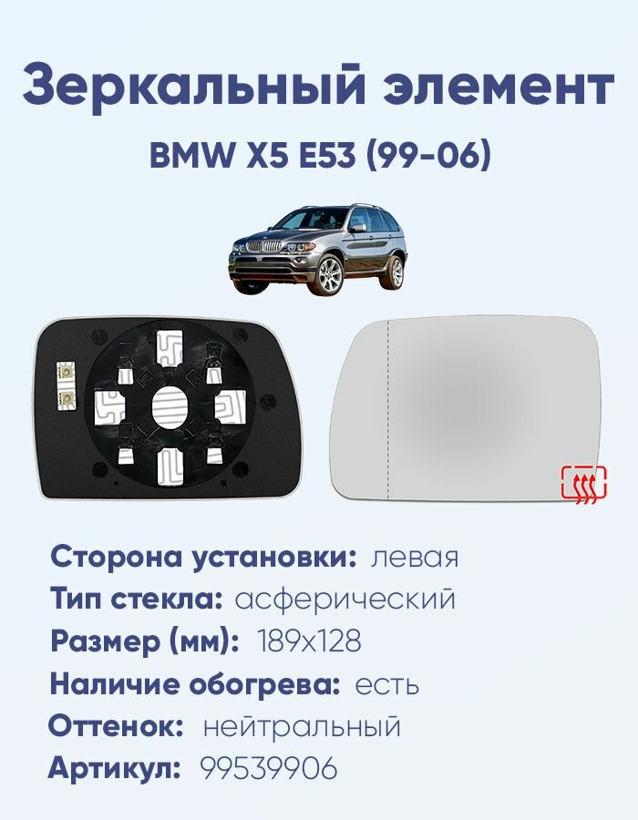 Зеркальный элемент левый BMW X5 E53 (99-06) асферика нейтральный с обогревом