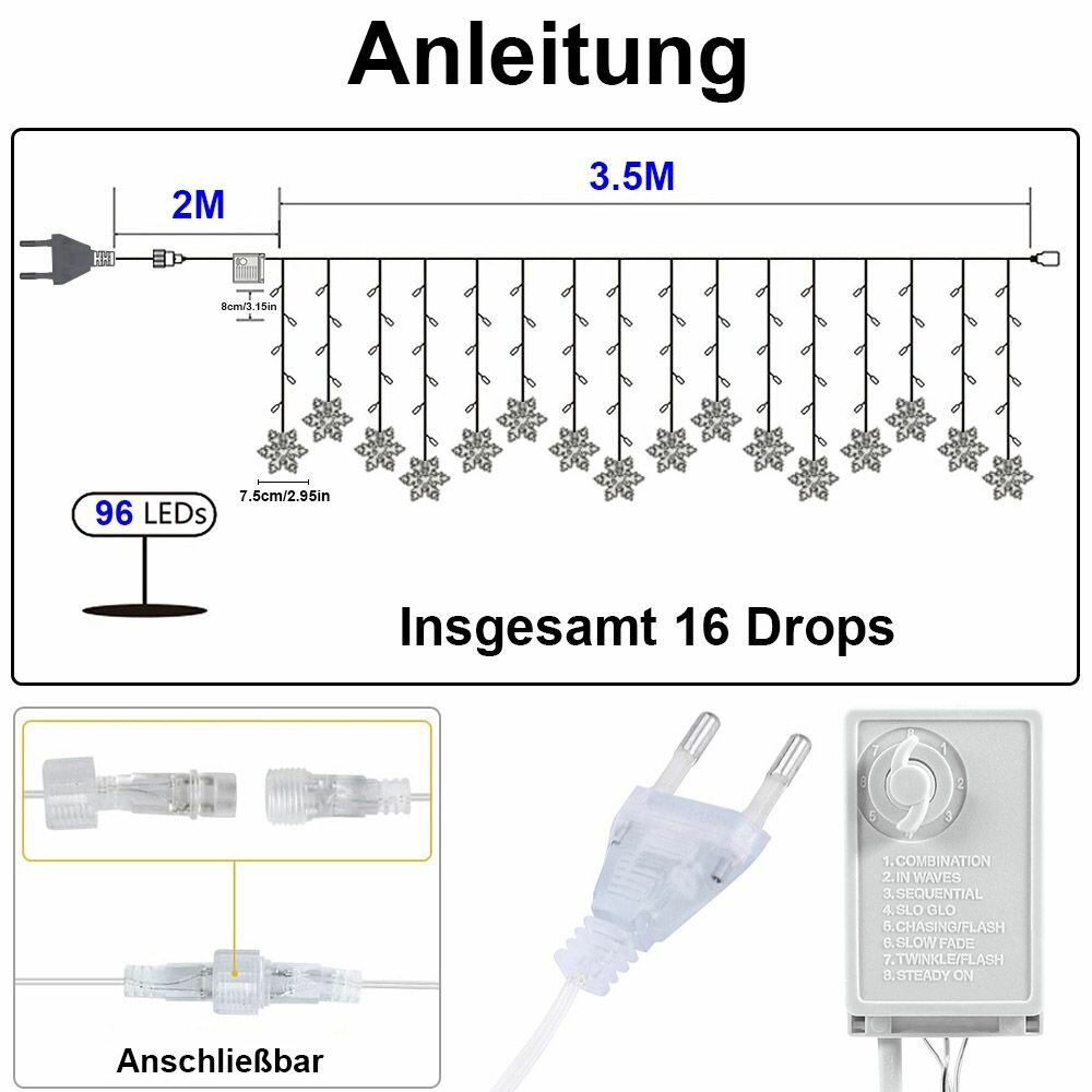 IKEA Электрогирлянда уличная Занавес Светодиодная 96 ламп, 3.5 м, питание От сети 220В, 1 шт
