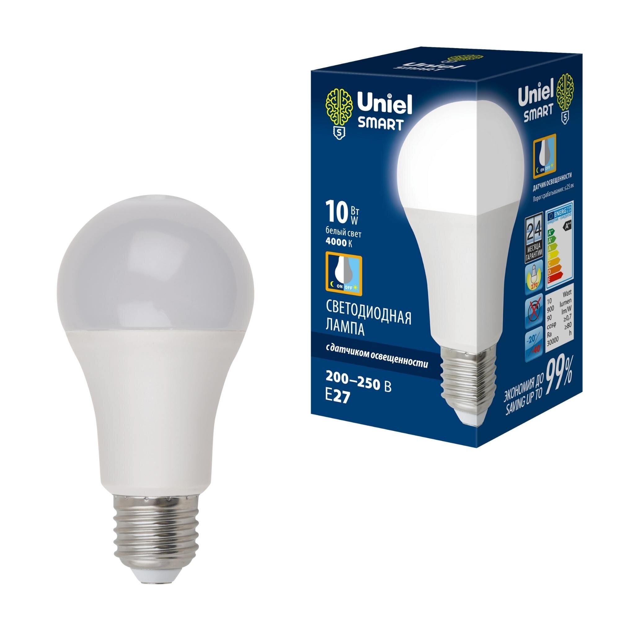 Лампа светодиодная с датчиком освещенности. Uniel LED-A60-10W-4000K-E27-PS PLS10WH. 4000K. UL-00005710