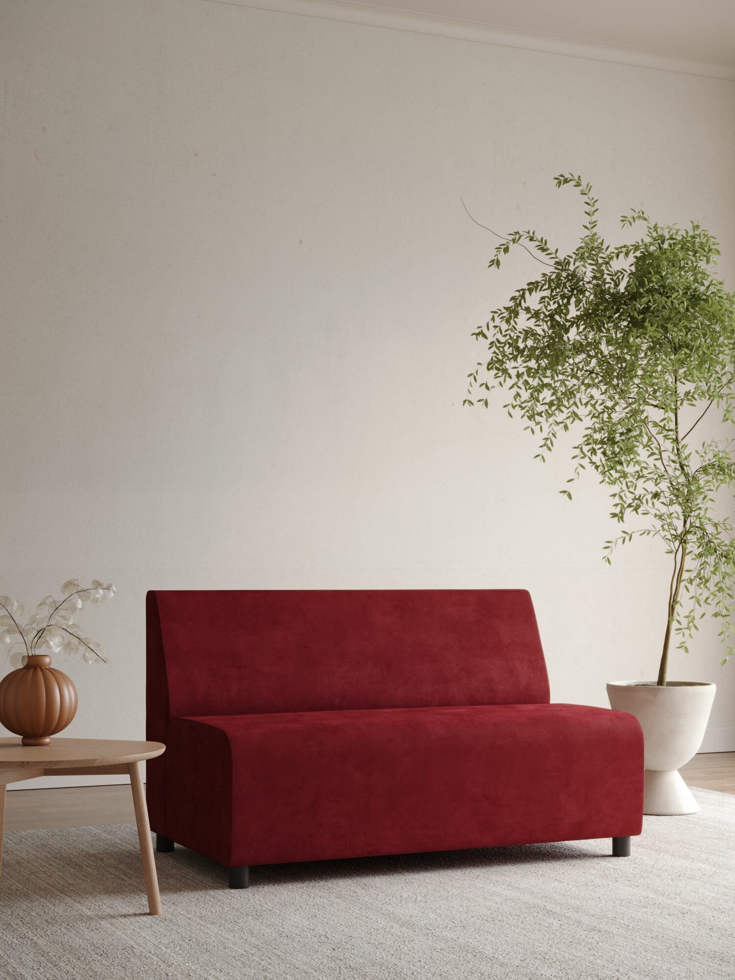 Диван прямой Альфа без подлокотников красный велюр. Офис, дом, салон красоты, прихожая, гостиная, зона ожидания.