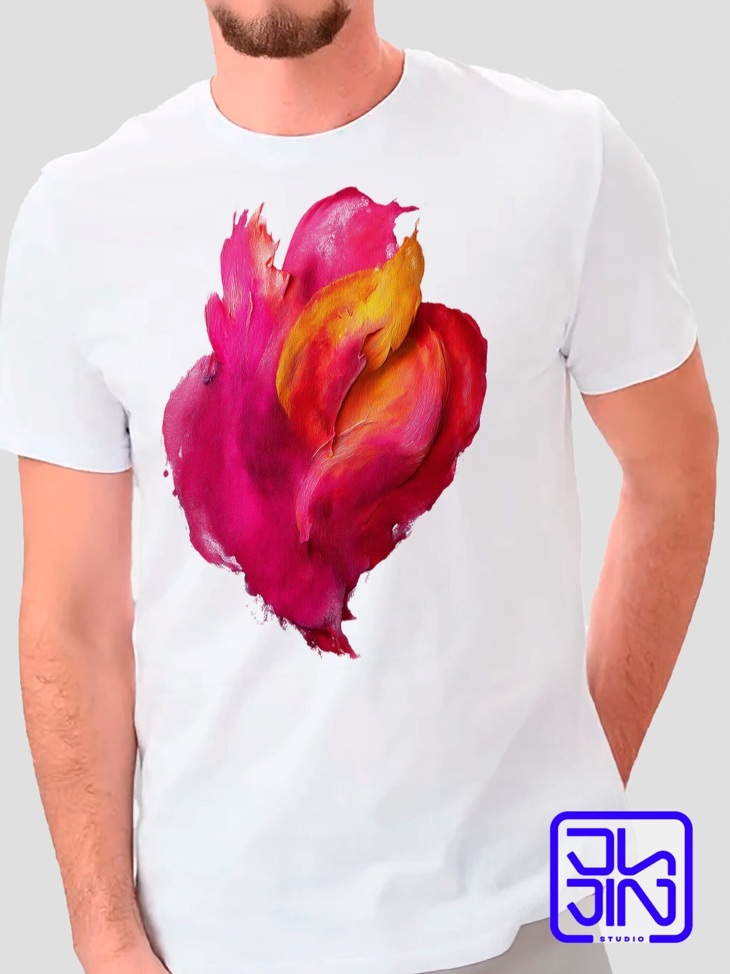 Футболка классическая мужская с авторским принтом Абстрактное сердце с малиновыми, фуксиевыми мазками краски и яркой абстракцией, белый хлопковый трикотаж с прикольным рисунком на груди