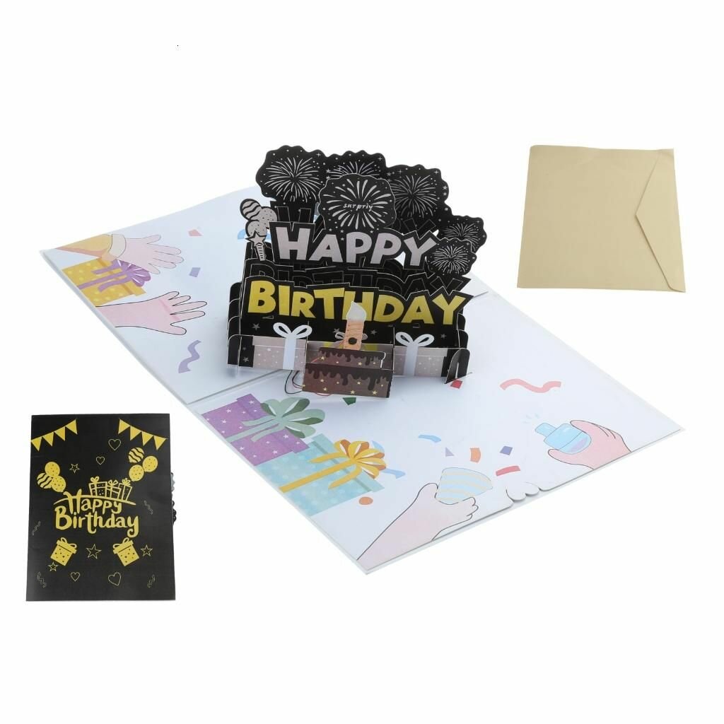 3D-объемные поздравительные открытки ручной работы из бумаги-буквы черного, золотого и белого цветов - зажигательные огни, фейерверки и музыка