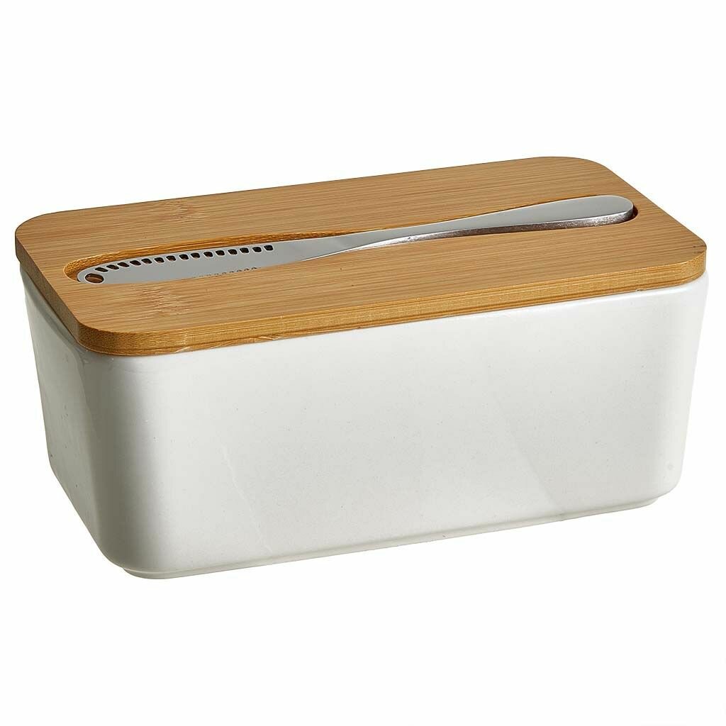 Фарфоровая Масленка с ножом для масла и бамбуковой крышкой AK5-0023