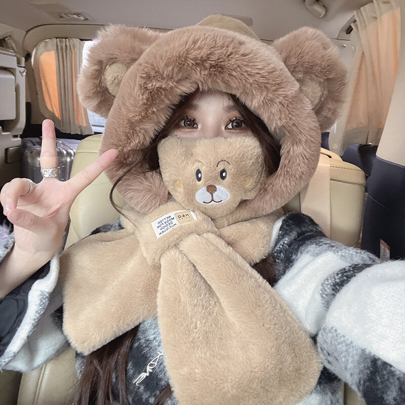 Милая шапка-медведь, шарф и утеплитель для шеи в одном, женские зимние наушники, шапка Lei Feng, мягкая велосипедная теплая лыжная шапка, размер M (56-58 см)