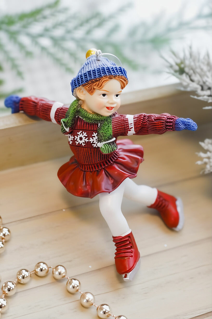 Ёлочная игрушка фигуристка кристи в красном свитере, полистоун, 11 см, Winter Deco 1001094