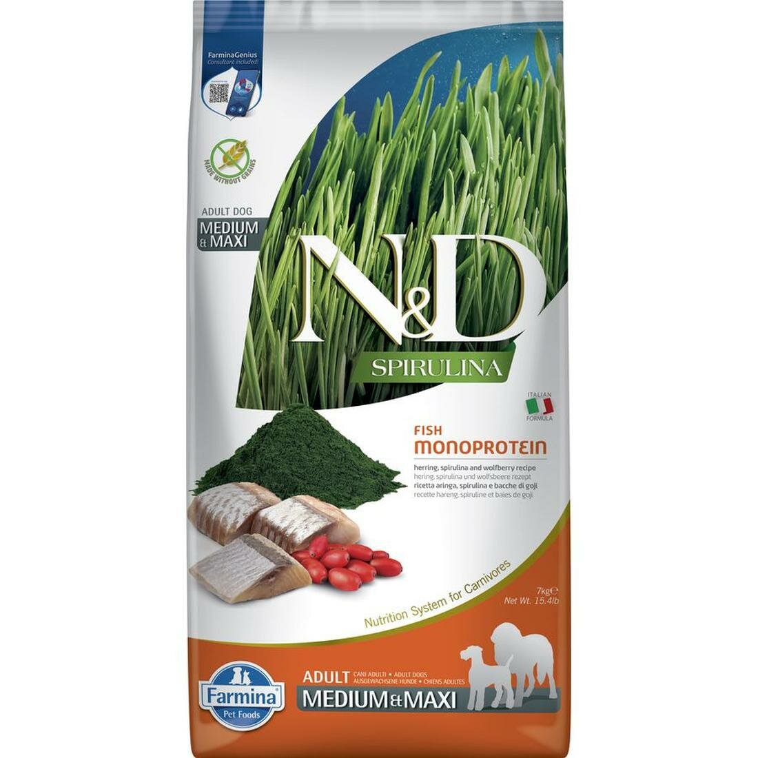 Farmina ND Spirulina Adult сухой корм для собак средних и крупных пород, с селедью и ягодами годжи 7 кг