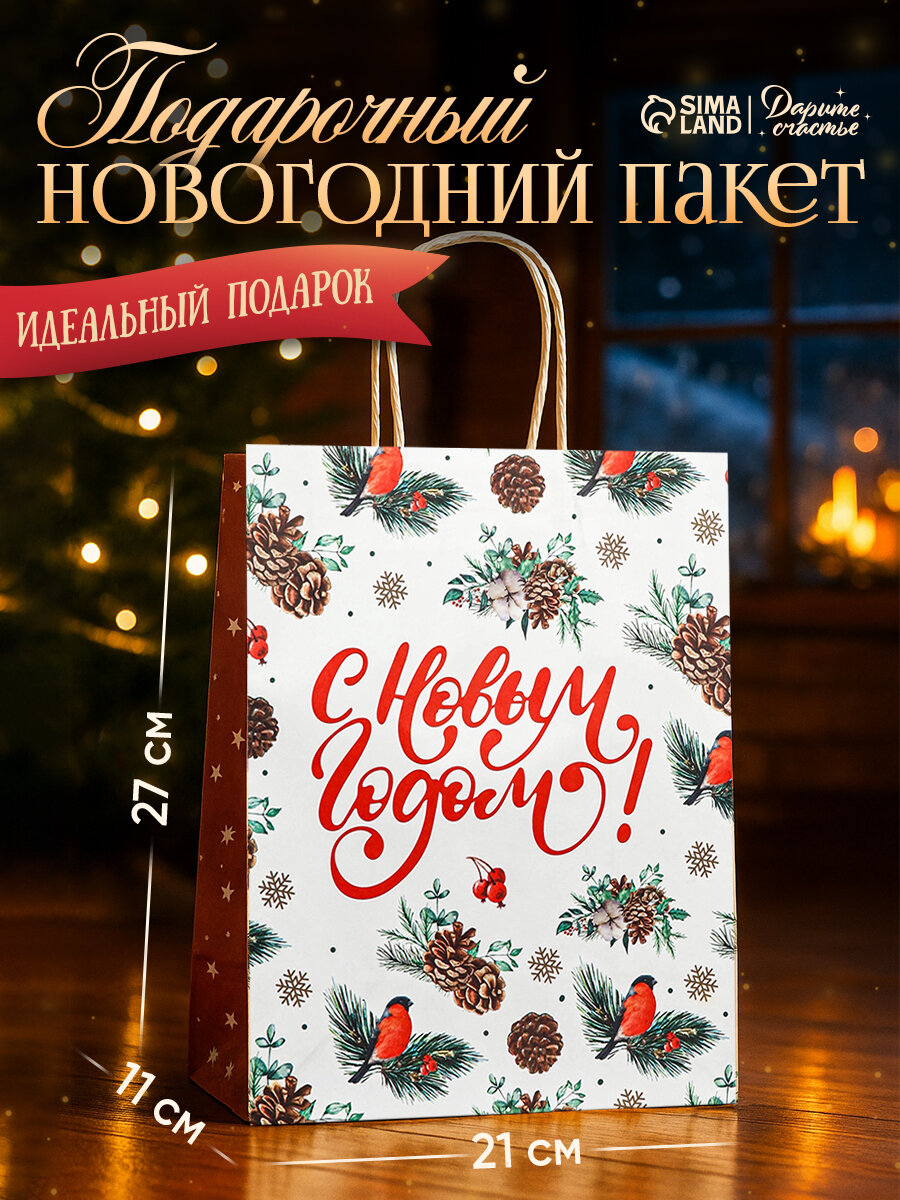Пакет бумажный подарочный новогодний крафт «Новый год» 27×21×11 см