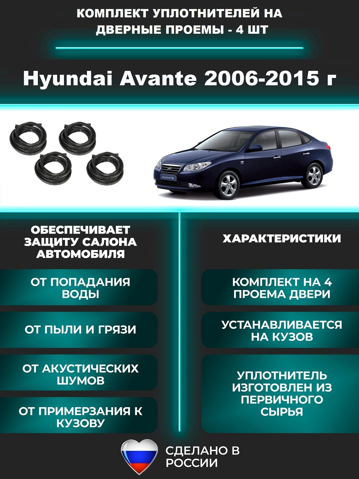 Комплект уплотнителей на проем дверей для Hyundai Avante 2006-2015 г, Хендай Аванте, 4 шт