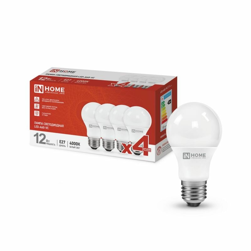 Лампа светодиодная LED-A60-VC 4PACK 12Вт 230В Е27 4000К 1140Лм (4шт./упак) IN HOME 4690612047669