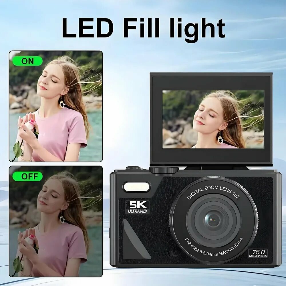 Цифровой фотоаппарат 5K 75 Мп, 18x зум, Wi-Fi, поворотный экран 3.0", 4K видео, портативная камера для путешествий и влогов