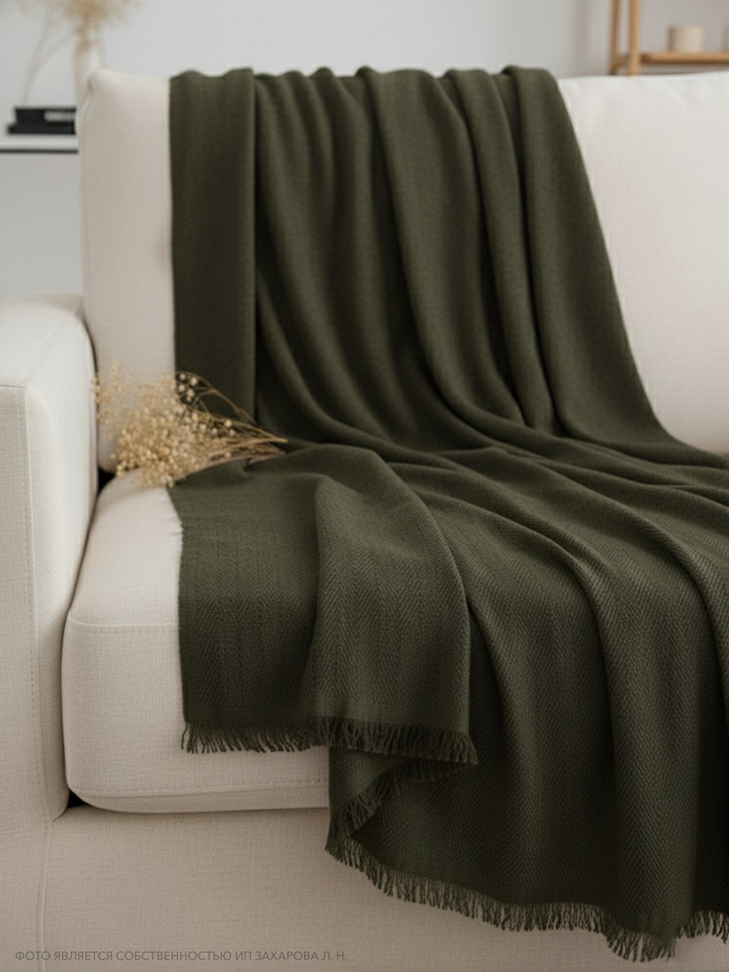 Плед 220х240 см на кровать и диван 100% хлопок двухсторонний, хаки