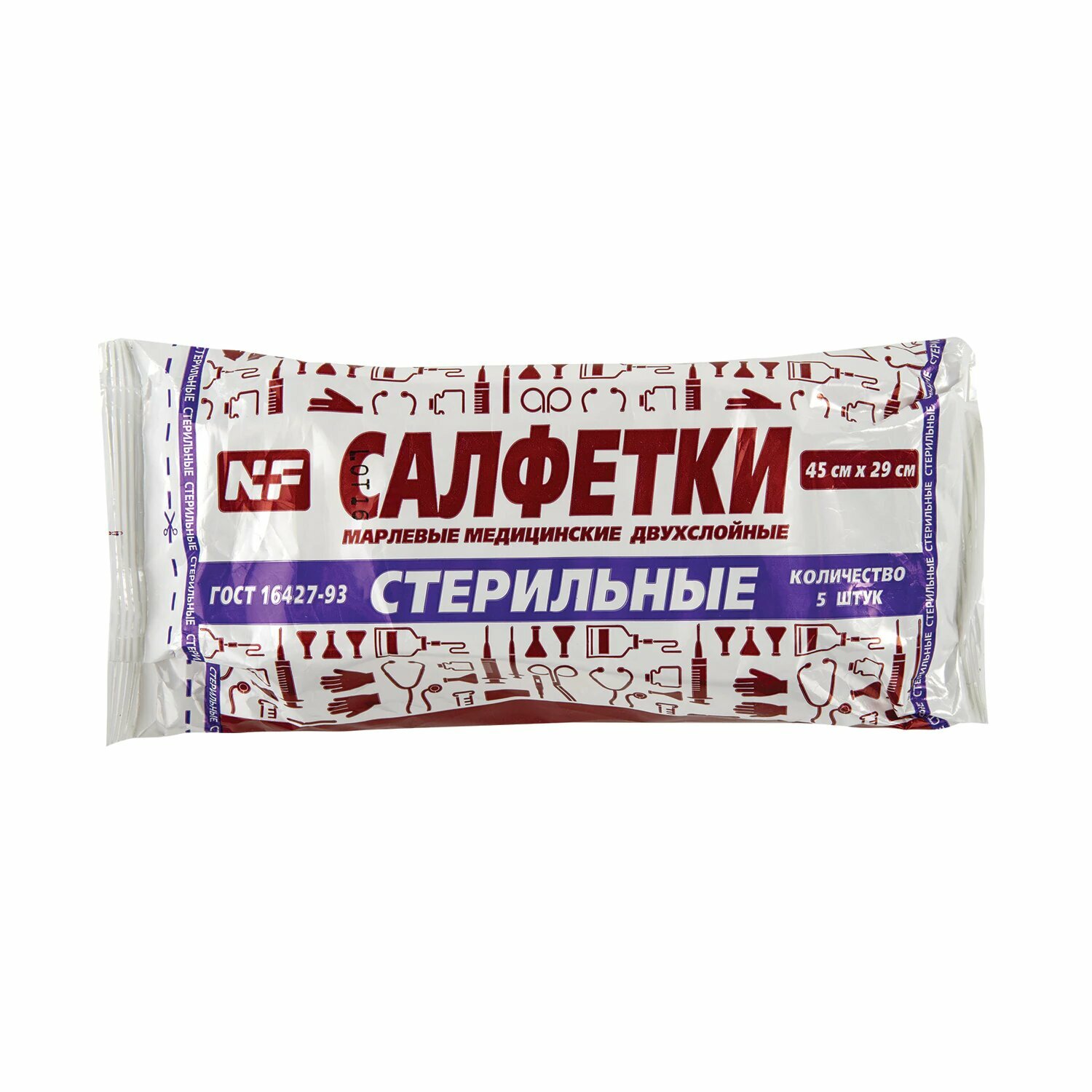 Салфетка марлевая стерильная NF комплект 5 шт, 2 слоя, 4529 см, плотность 28 (±2) г/м2, 6шт.