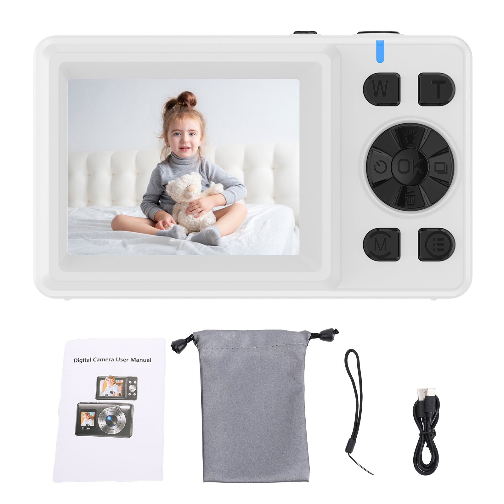 Цифровая фотокамера 4K с двумя экранами, автоматической фокусировкой, 18-кратным зумом, портативным 2,4-дюймовым дисплеем, подходит для студентов, подростков и детей, белого цвета.