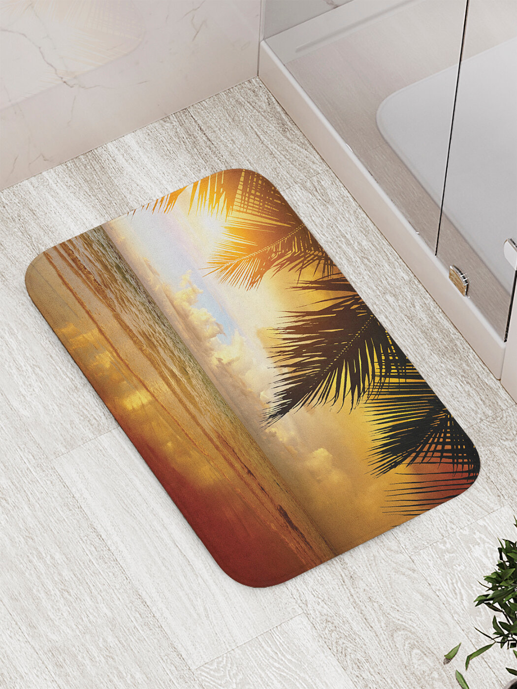 Коврик для ванной комнаты, туалета "Рассвет на пляже у пальмы" противоскользящий, 52х77 см, JoyArty