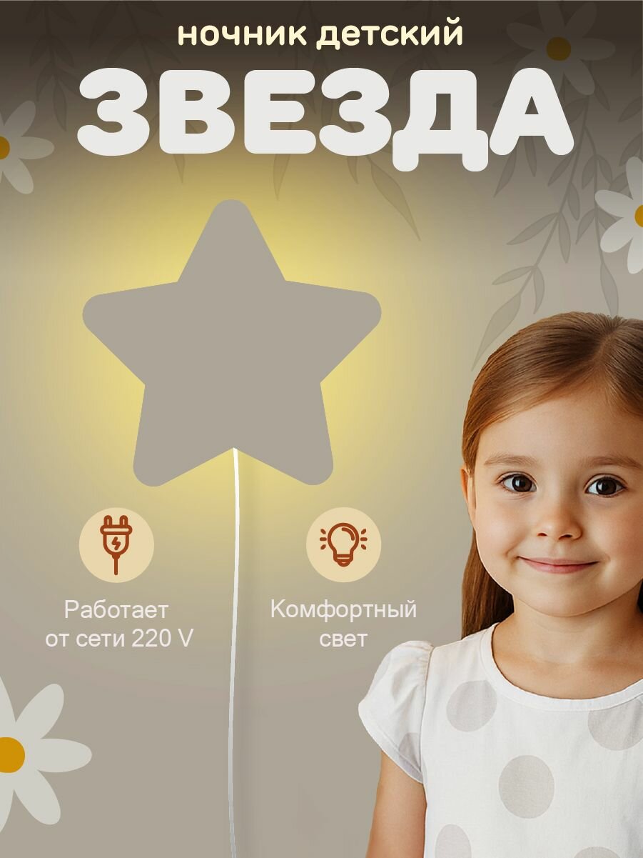 Ночник детский светильник для сна настенный звезда деревянный светодиодный 30х30 см, от сети, 1 шт
