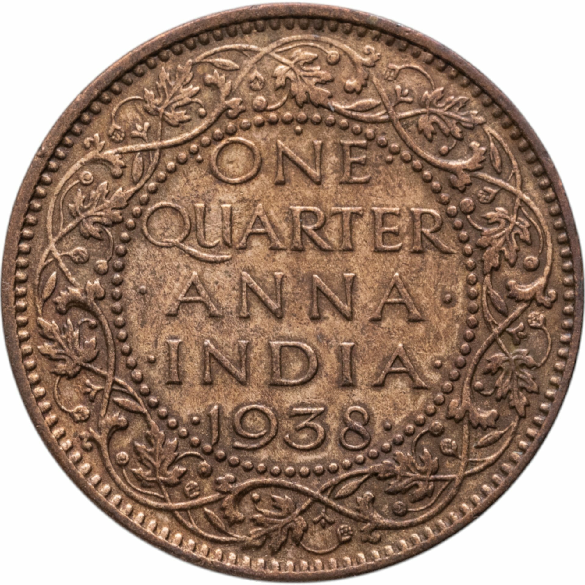 Британская Индия 1/4 анны anna 1938, Бронза, в сохранности XF