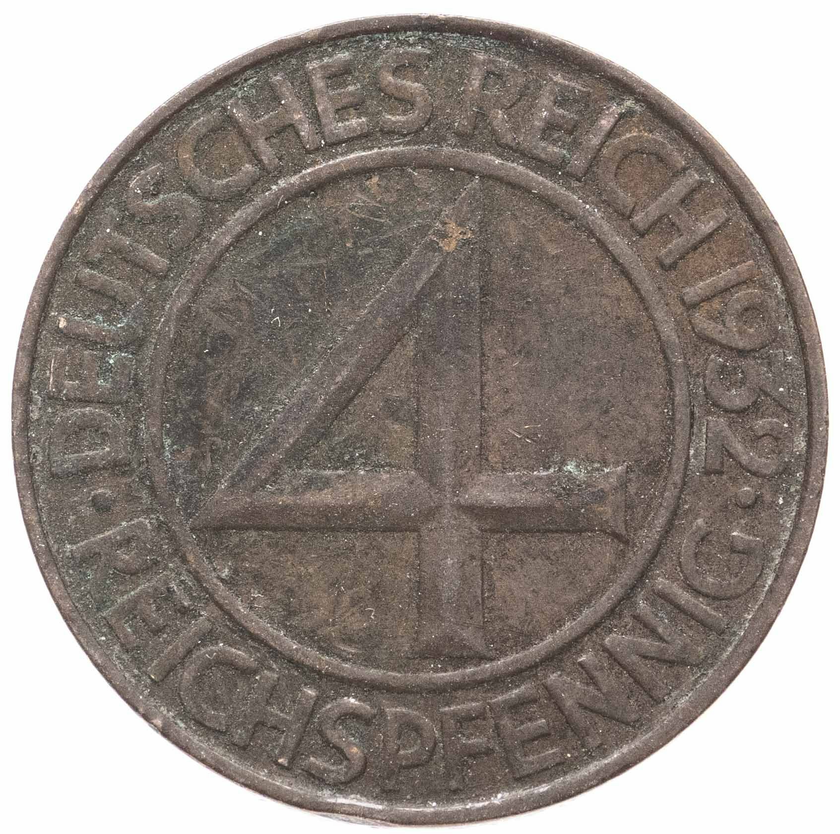 Германия 4 рейхспфеннига reichspfennig 1932, знак монетного двора "D" — Мюнхен, Бронза, в сохранности VF-XF