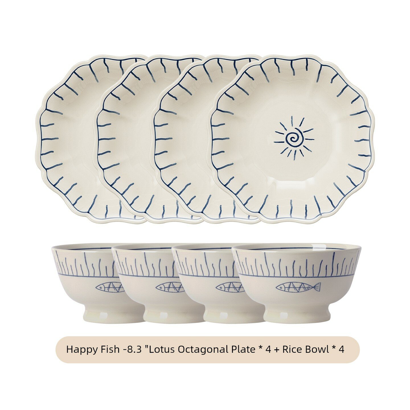 Набор тарелок Happy Fish геометрической формы из керамики, 8,3 дюйма, 4 тарелки + 4 миски, элегантная посуда для дома