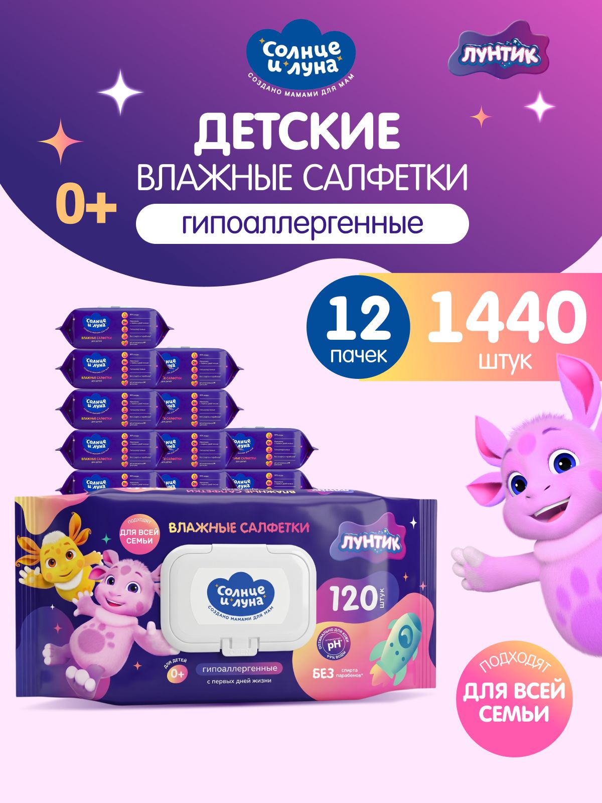 Влажные салфетки детские 1440 шт для новорожденных Лунтик