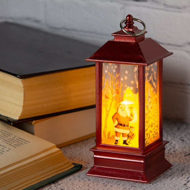 Новогодний фонарик со свечой Санта и маленький эльф 13 см, подвеска, Sigro, 54-0079-1