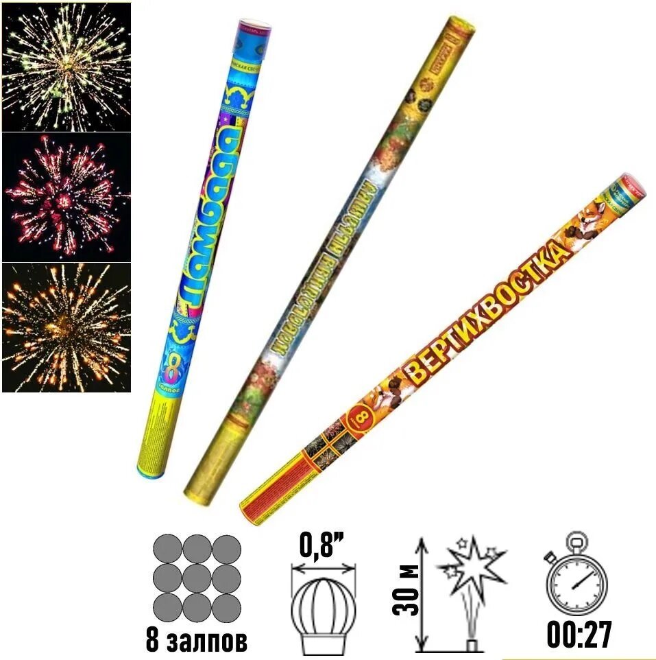 Набор из 3 римских свечей ассорти "Ламбада, Новогодняя игрушка, Вертихвостка" (0,8"х8 залпов)