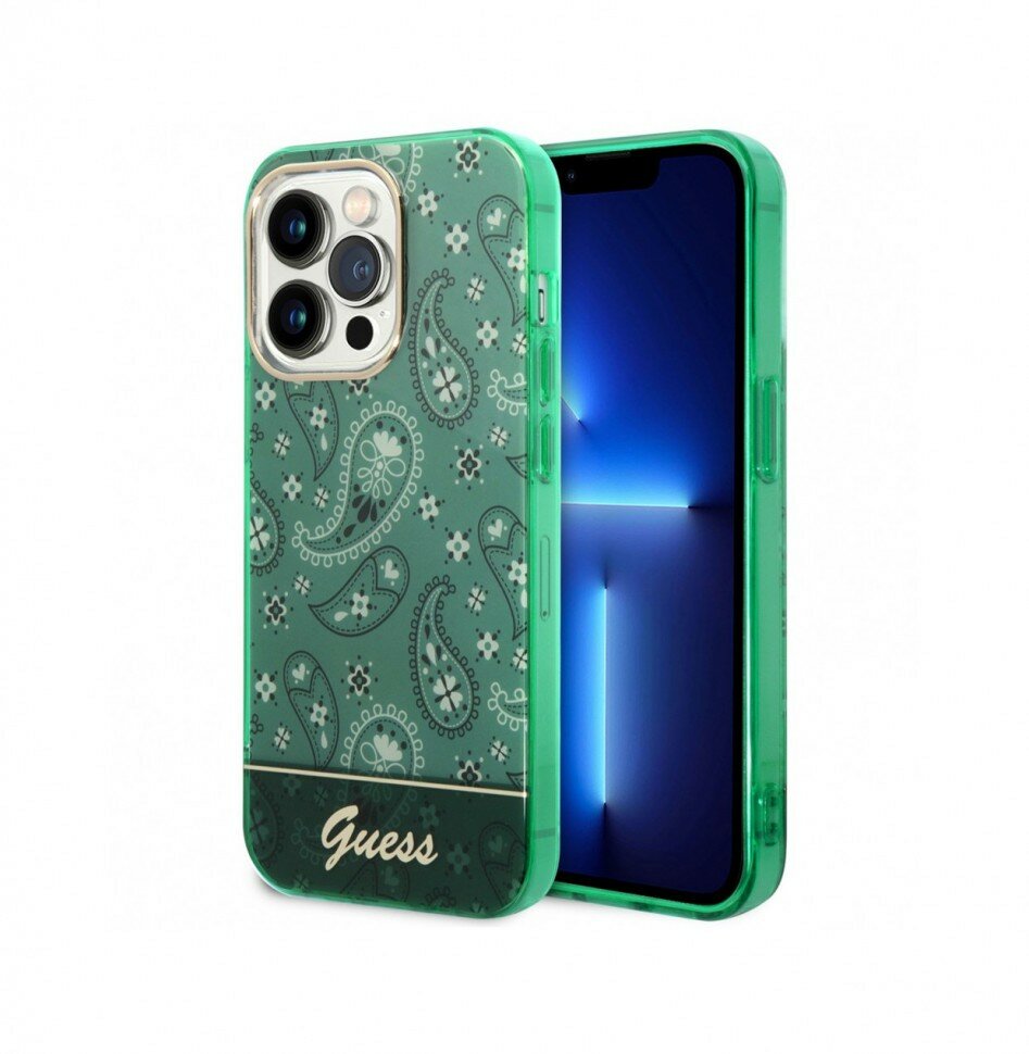 Guess для iPhone 14 Pro Max чехол PC/TPU Paisley Electoplated camera Hard Green