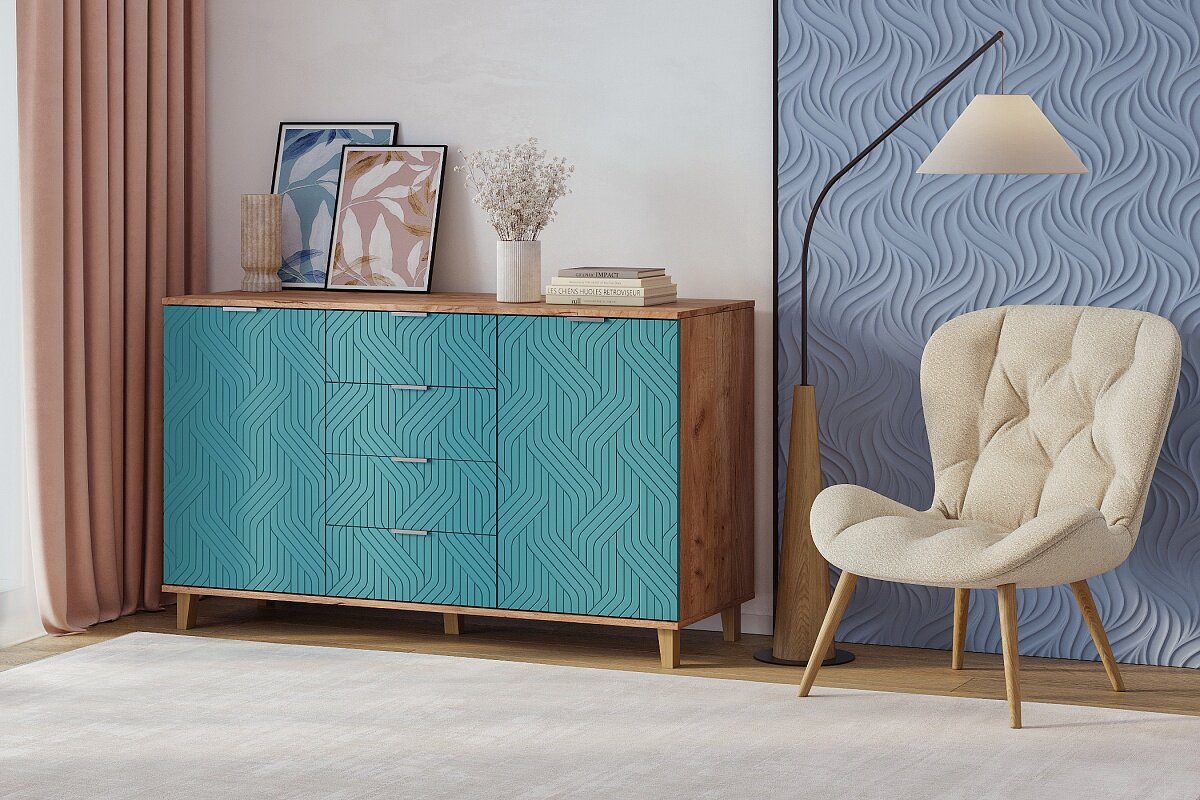 Комод МебельЛэнд24 Марвин 25 фрезеровка 3 Аквамарин 140x40x80 синий двухдверный с 4 ящиками