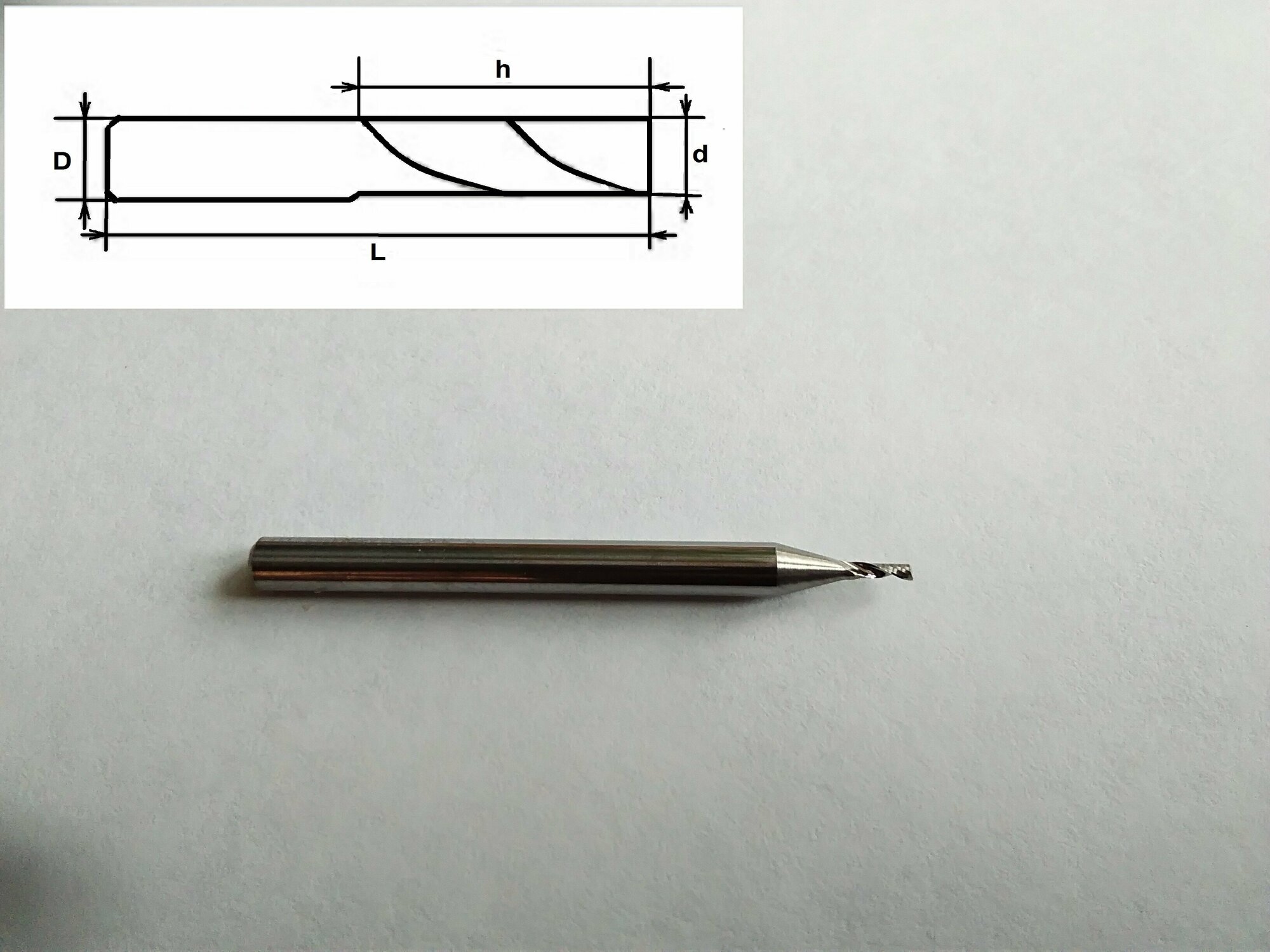 Фреза спиральная однозаходная по акрилу YKL 3.1.23, d-1.2/ h-3/ D-3.175/ L-38. A series для ЧПУ станка