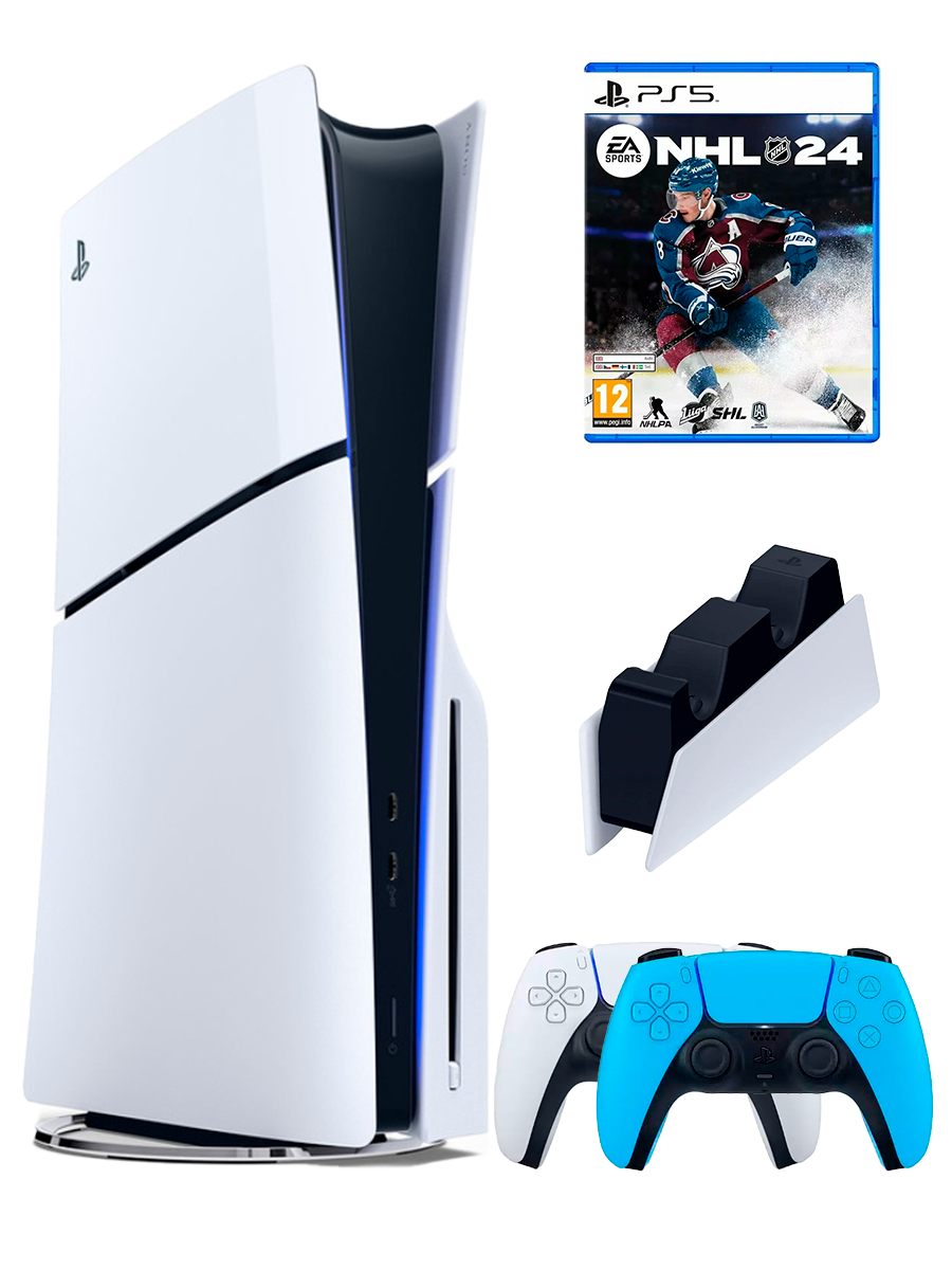 PS5 (ПС5) Игровая приставка Sony PlayStation 5 Slim disc + 2-й геймпад(голубой) + зарядное +игра NHL24