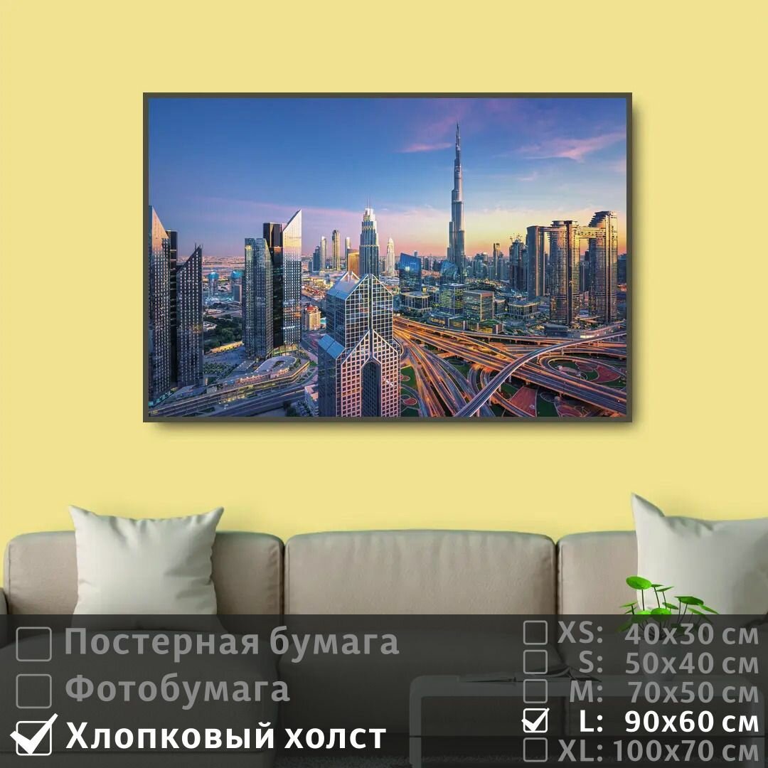 Постер на холсте Панорама Городского Пейзажа Дубай 90х60 см ПолиЦентр