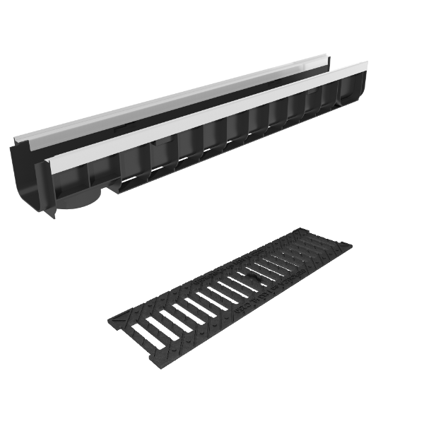 Лоток водоотводный пластиковый усиленный DN100 высота 123 мм с чугунной щелевой решеткой и крепежом в комплекте класс С250