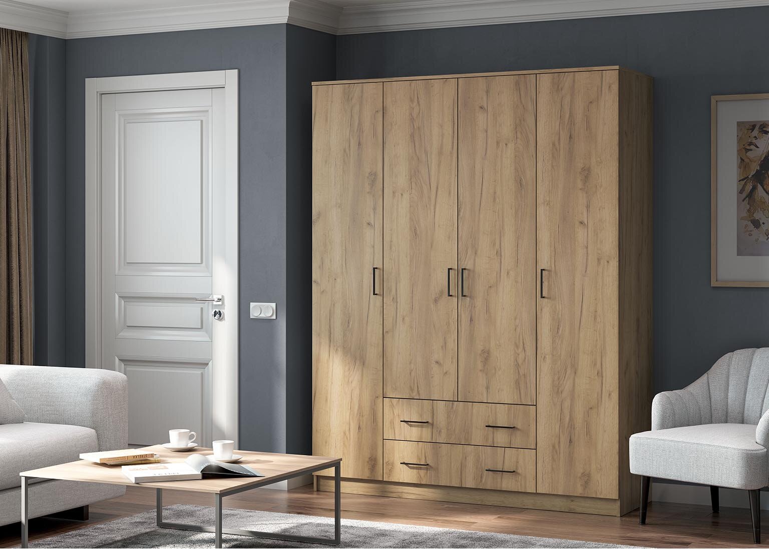 Шкаф 4-х дверный дуб золотой Румба, с ящиками, полками и штангой, 160.1х52х205 см