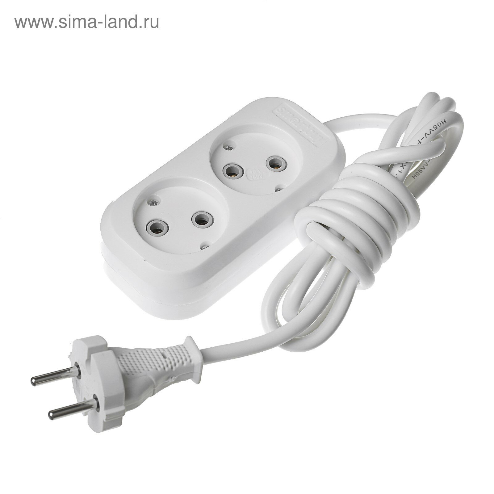 Удлинитель сетевой Smartbuy, 2 розетки, 2 м, 2200 Вт, ПВС 2×1 мм2, 10 А, без заземления, белый