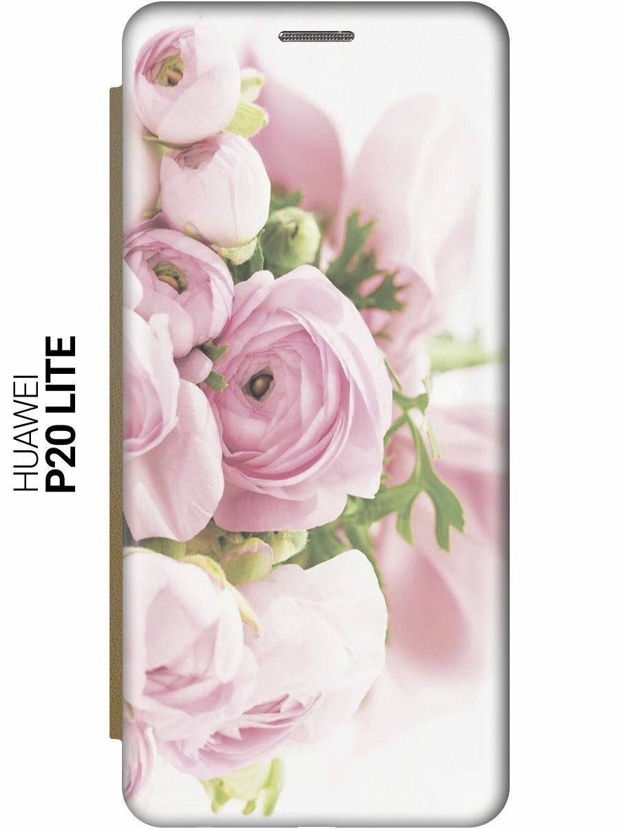 Чехол-книжка на Huawei P20 Lite, Nova 3e, Хуавей П20 Лайт, Нова 3Е с 3D принтом "Розовые розы" золотой