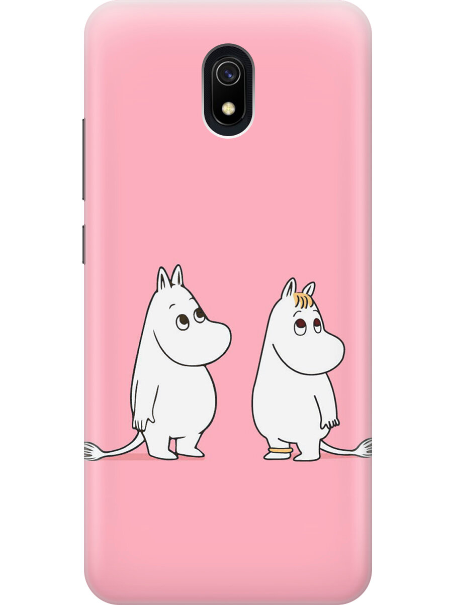 Силиконовый чехол на Xiaomi Redmi 8A, Сяоми Редми 8А с принтом "Муми-тролли на розовом"