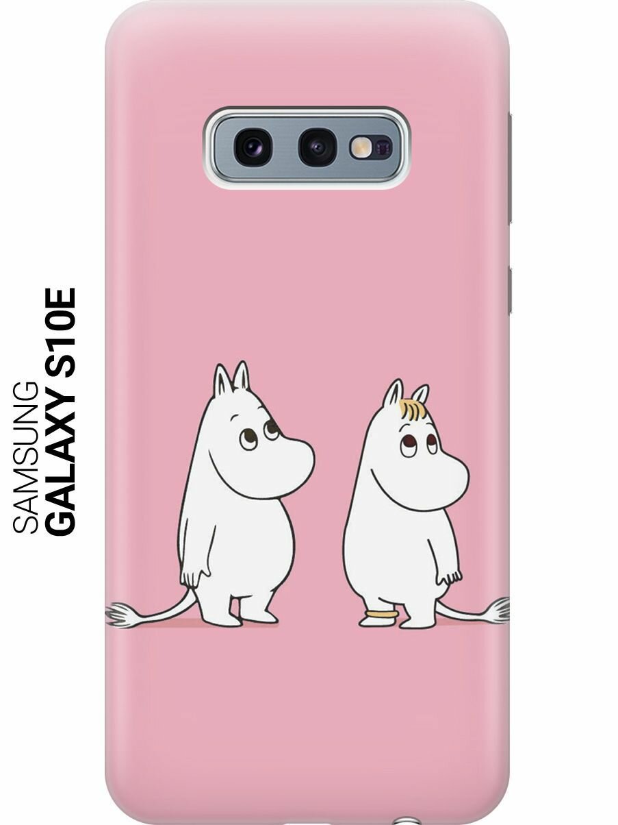 Силиконовый чехол на Samsung Galaxy S10e, Самсунг С10е с принтом "Муми-тролли на розовом"