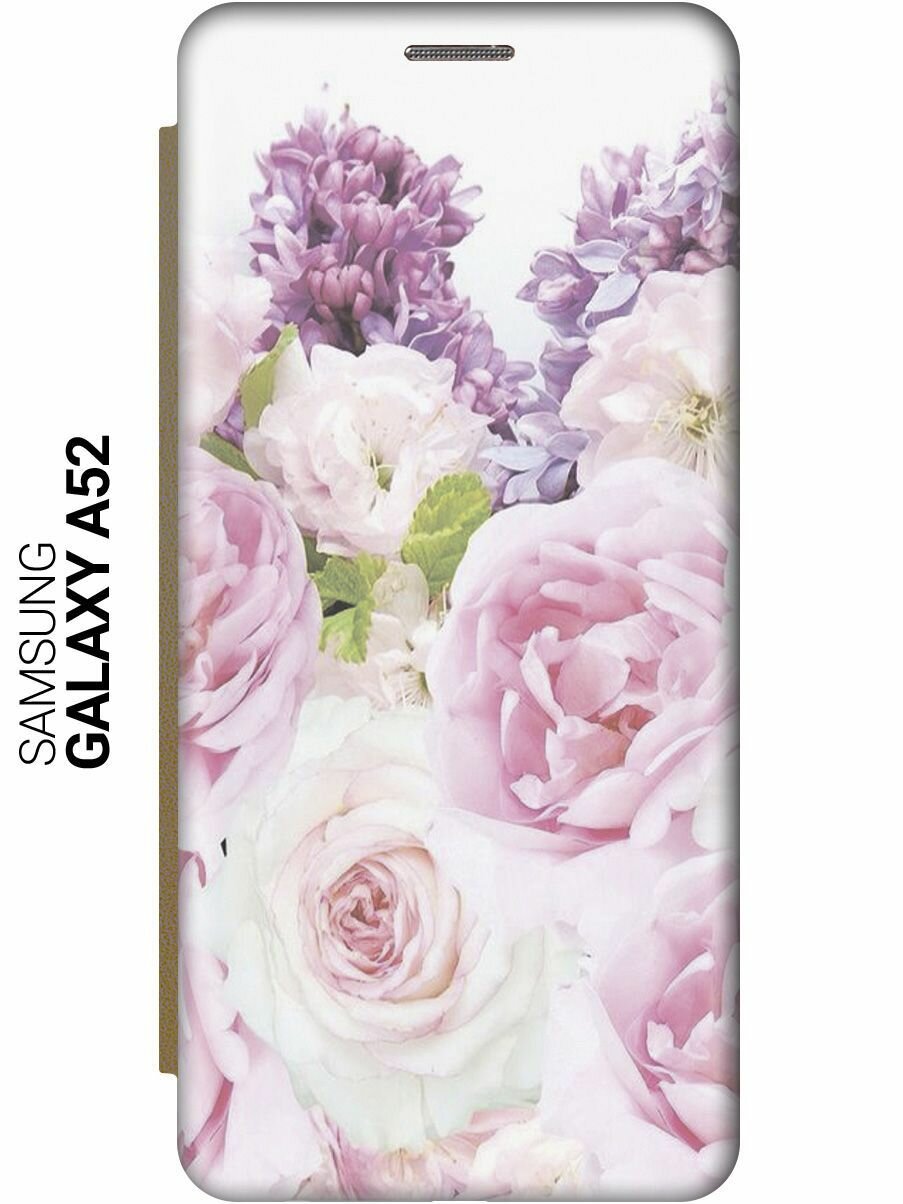 Чехол-книжка на Samsung Galaxy A52, Самсунг А52 с 3D принтом "Розовый букет" золотой