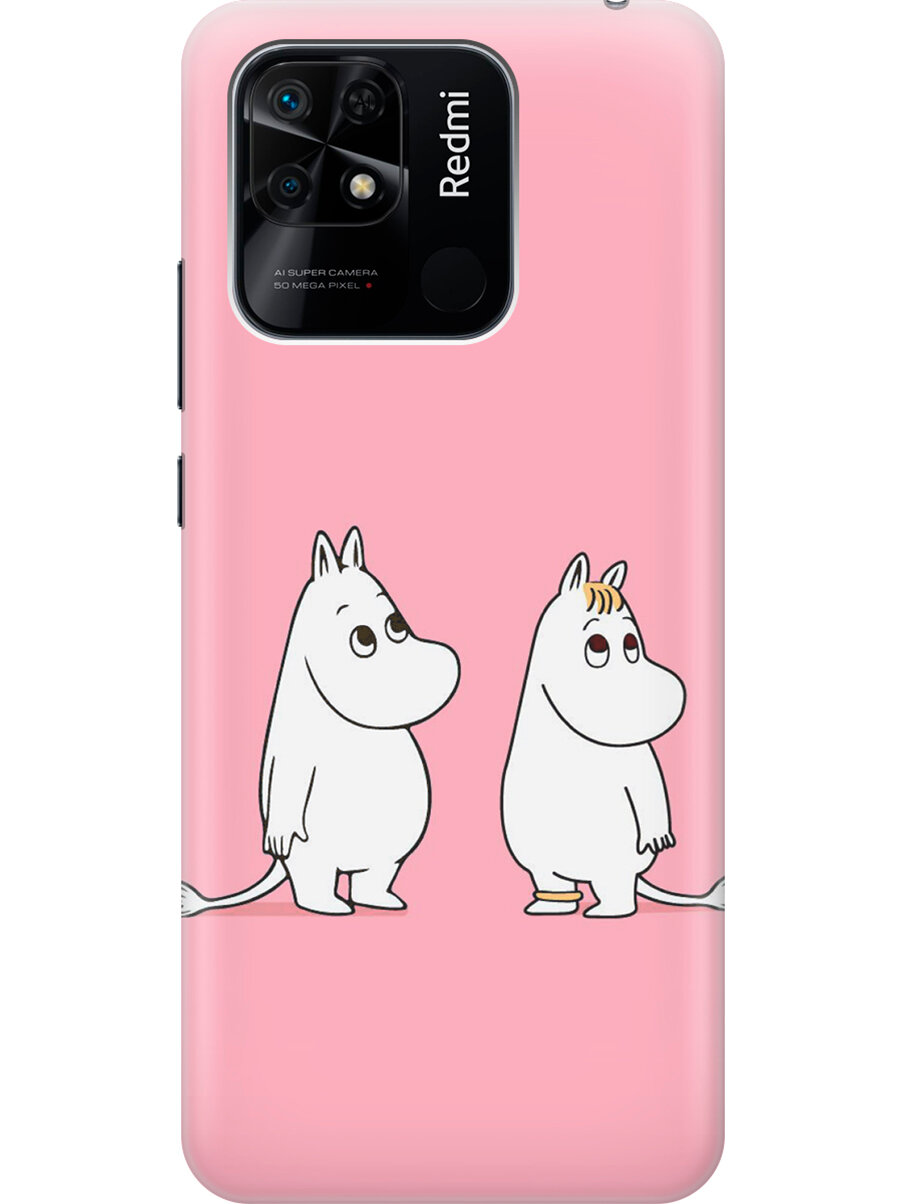 Силиконовый чехол на Xiaomi Redmi 10C, Сяоми Редми 10С с принтом "Муми-тролли на розовом"