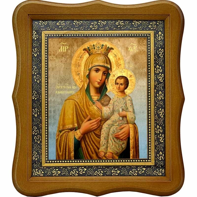 Избавительница. Икона Богородицы на льняном холсте. (15 х 18 см / В фигурном киоте)