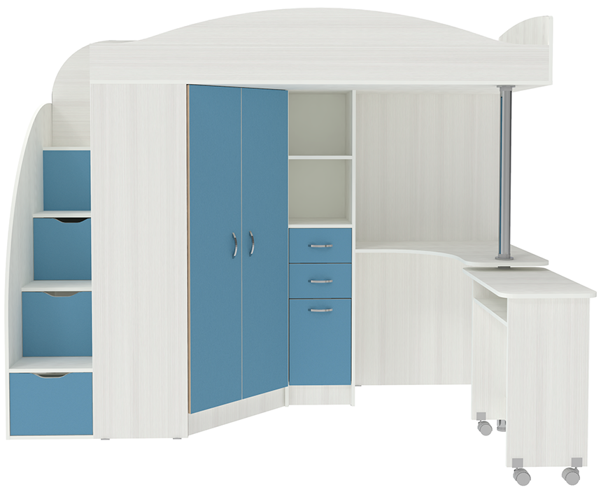 Кровать-чердак "Теремок-1 Гранд" Белое Дерево Светло Синий/Голубой