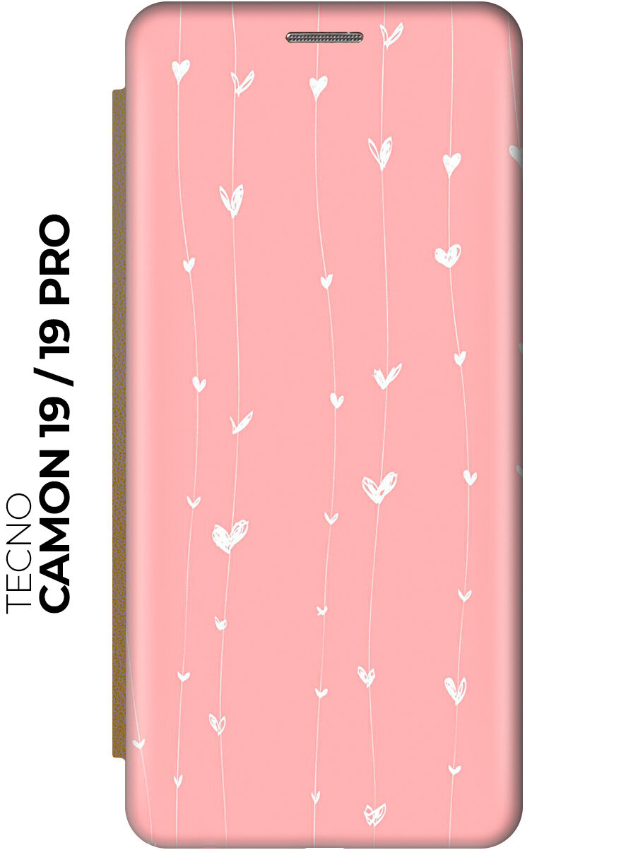 Чехол-книжка на Tecno Camon 19 / 19 Pro / Техно Камон 19 / 19 Про с рисунком "Сердечки на розовом фоне" золотой