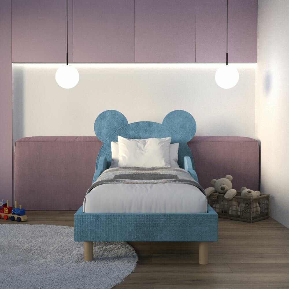 Детская кровать с ушками мягкая на ножках Миша 120x190 цвет Синий