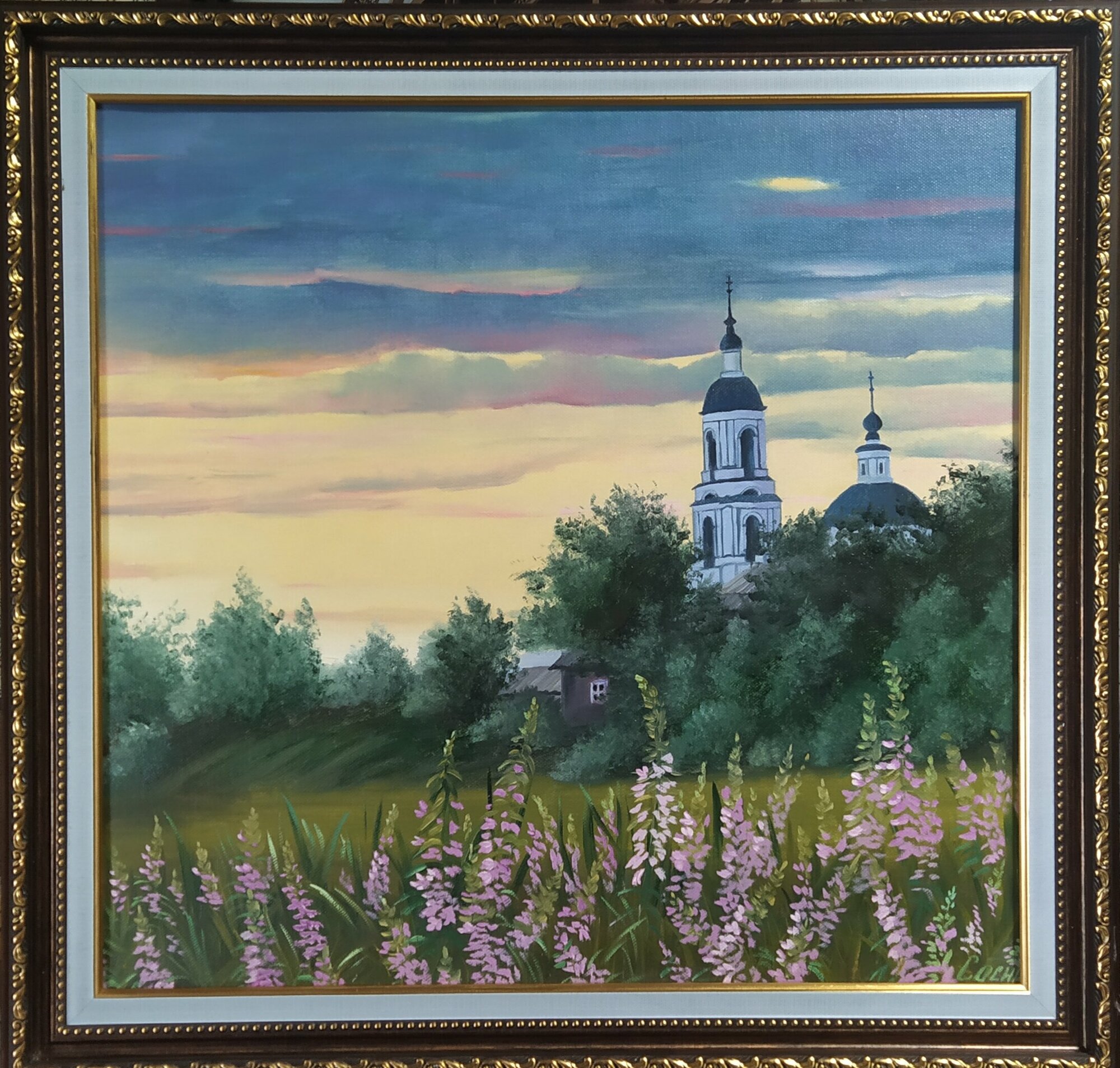 Деревенский пейзаж "Филипповское в цветах болеголова", картина маслом на холсте 51*56 см, ручная работа, Соснина Татьяна, магазин Три сосны