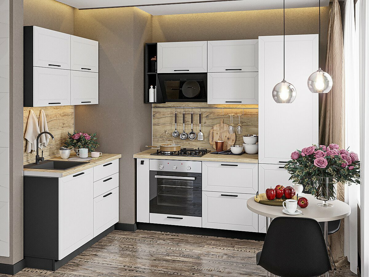 Кухня Глетчер-03, цвет фасада Айленд Силк, цвет каркаса Graphite, 2140*1200/2000*600 мм