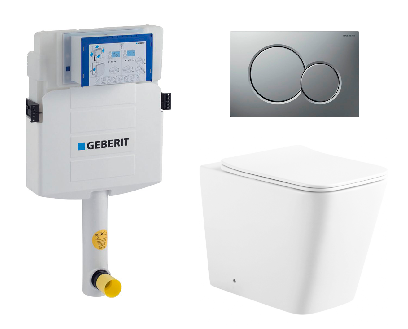 Комплект 3 в 1 смывной бачок скрытого монтажа Geberit Duofix UP320 + Унитаз приставной Enio Binario EN5215047 + Кнопка Geberit Sigma 01 матовый хром